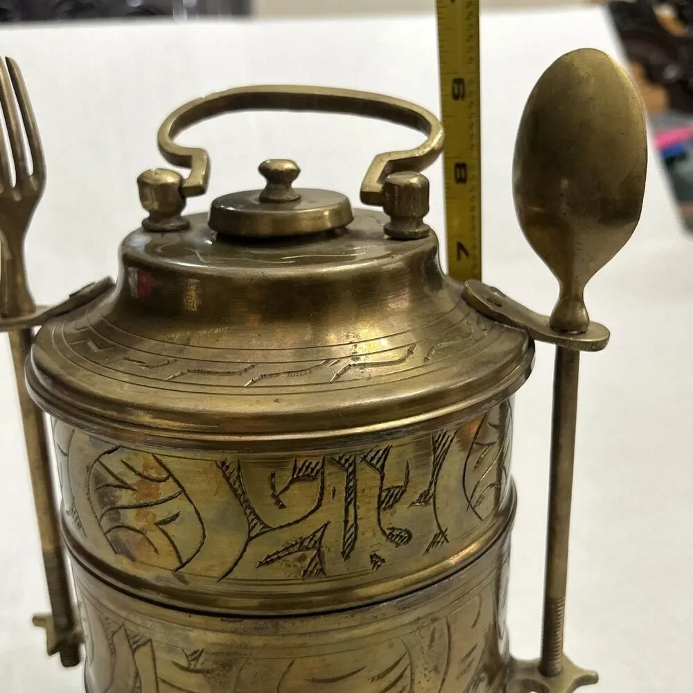 Accents | Vintage Brass Tiffin Stacking Food Boxes With Fork And Spoon ...